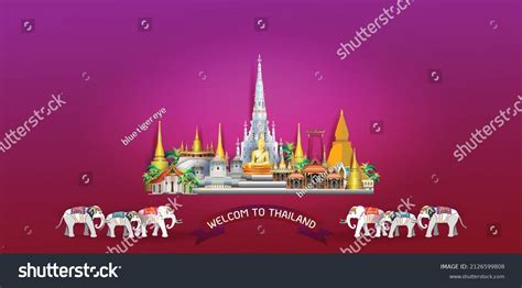 Welcome Thailand Tourist Attractions Symbols Representing เวกเตอร์สต็อก ปลอดค่าลิขสิทธิ์