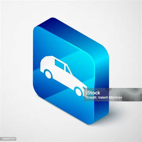 회색 배경에 격리 된 등색 자동차 아이콘 파란색 정사각형 버튼 벡터 3차원 형태에 대한 스톡 벡터 아트 및 기타 이미지 3차원 형태 개념 교통 Istock