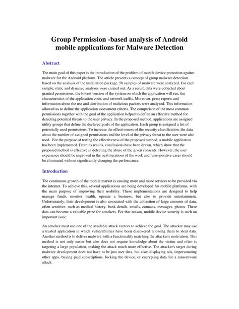Pdf Group Permission Based Analysis Of Android Mobile Applications For Malware Detection