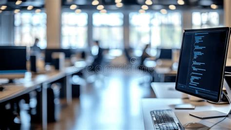 Modern Office With Computer Screen Displaying Code In A Collaborative Workspace Stock