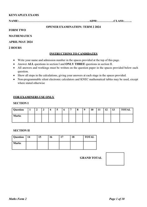 Form 2 Mathematics Term 2 Opener Exam 2024 2465