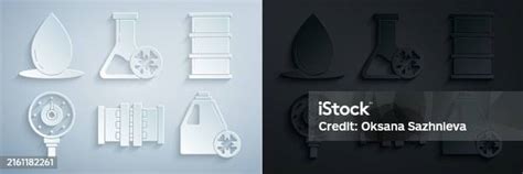 산업 금속 파이프 및 밸브 배럴 오일 모터 가스 게이지 부동액 캐니스터 시험관 및 오일 드롭 아이콘을 설정합니다 벡터 3차원 형태에 대한 스톡 벡터 아트 및 기타 이미지