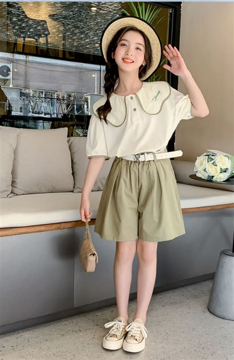 몽키카카 여아 주니어 초등학생 데일리 귀여운 빅카라 카키 상하세트 티 반바지 벨트 에이블리