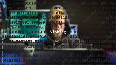 Cyber Attack Vishing Text In Foreground Screen Anonymous Hacker Hidden With Hoodie In The