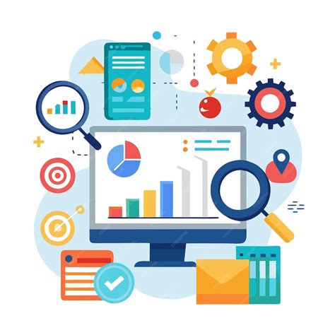 computer screen showing bar graph pie charts and magnifying glass premium ai generated vector
