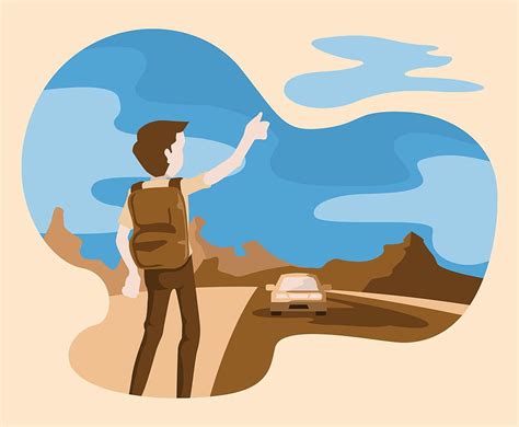 무료 다운로드 히치 등산객 그림 히치 하이킹 여행을위한 젊은 남자 캐릭터 뒷모습에서 히치 하이커 Ai Svg Uidownload