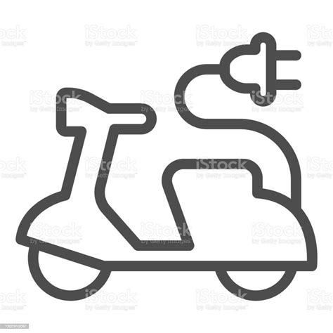 플러그 라인 아이콘 전기 자동차 개념 흰색 배경에 Ev 자전거 표지판 모바일 및 웹 디자인을위한 윤곽 스타일의 녹색 전송 기호와 전기 스쿠터와 코드 벡터 그래픽 검은색에