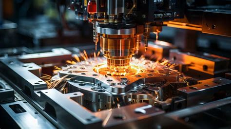 The Cnc Milling Machine Cutting The Metal Part With The Sparking Stock