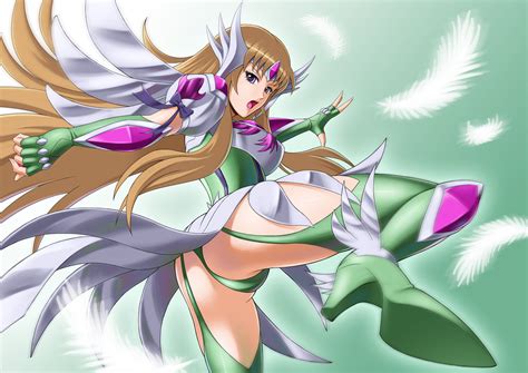Rakusai Saisai Garou Aquila Yuna Highres 1girl Cloth Saint Seiya Feathers Green