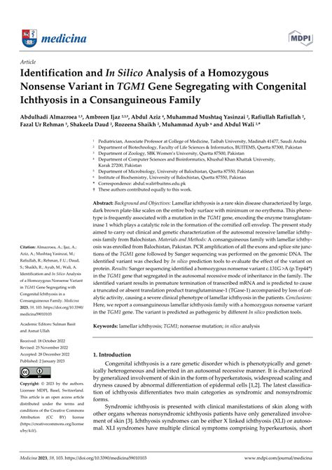 Pdf Identification And In Silico Analysis Of A Homozygous Nonsense Variant In Tgm1 Gene
