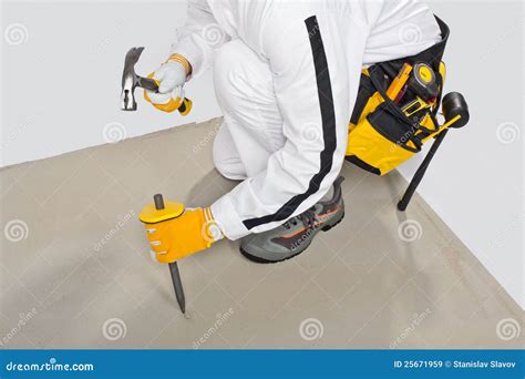 Worker With Chisel Check Concrete Base Stock Image Image Of Suit