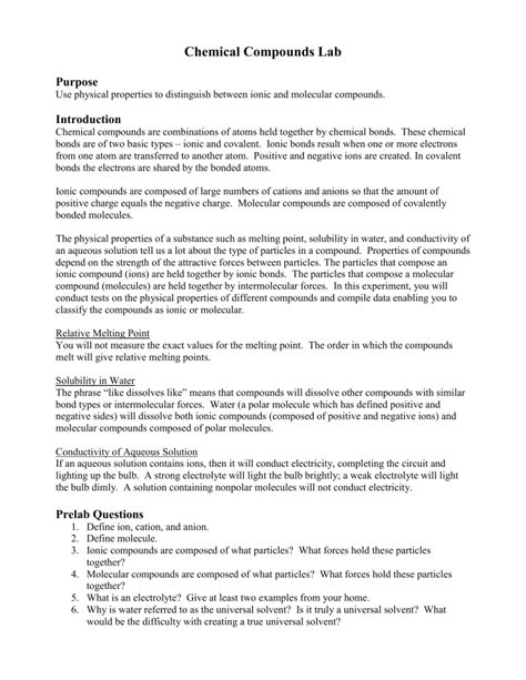 Ionic Vs Molecular Compounds Lab Properties Bonds