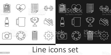 라인 톱니바퀴 기어 설정 스피커 음소거 문서 커피 컵 유리병 우유 및 캡 이력서가 있는 클립보드 트로피 및 심박수 아이콘을