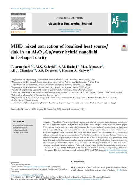 Pdf Mhd Mixed Convection Of Localized Heat Sourcesink In An Al2o3 Cu