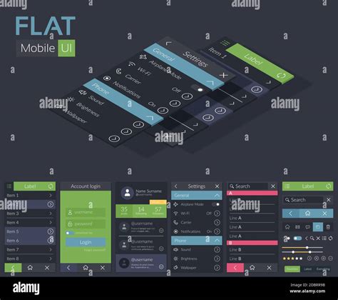 Mobile Flat UI Design Template With Different Screens Icons Buttons And Elements For Mobile