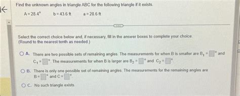 Solved Find The Unknown Angles In Triangle ABC For The Chegg