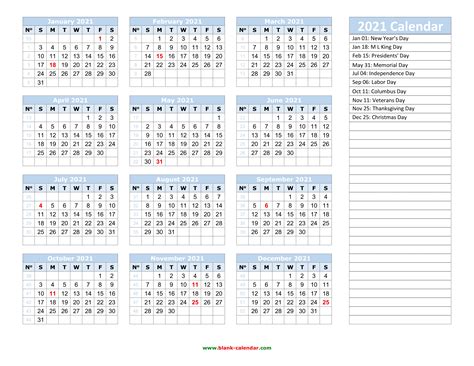 Small Yearly Calendar 2021 Printable Yearly Calendar