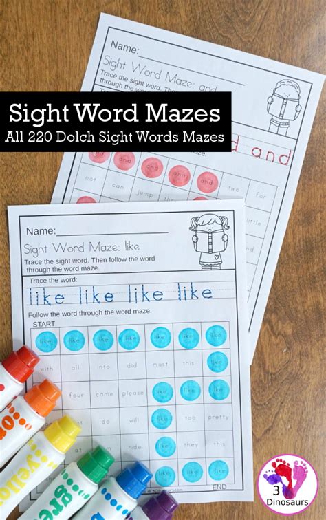 No Prep Sight Word Maze And Tracing 3 Dinosaurs