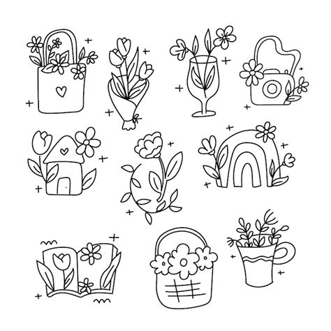 Aesthetic Cute Doodle Flowers Line Art Handdrawn Premium Vector