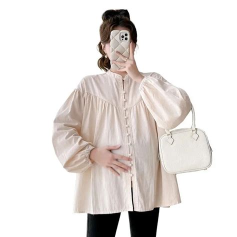 Пролетни модни тениски за бременни през 2024 г Големи размери Блузи за бременни жени с копчета