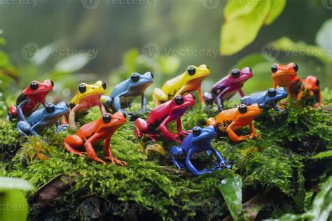 Colorful Poison Dart Frogs Gathering In Lush Rainforest Habitat