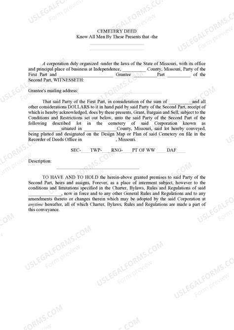Missouri Cemetery Deed Cemetery Plot Deed Transfer Form Us Legal Forms