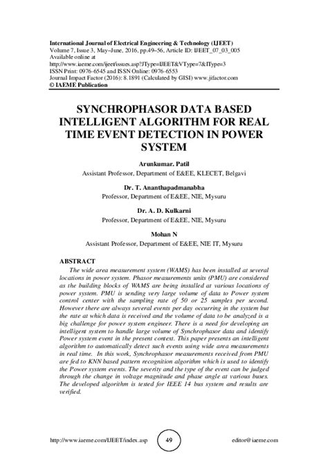 Pdf Synchrophasor Data Based Intelligent Algorithm For Real Time