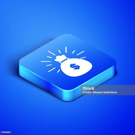 파란색 배경에 격리 된 아이소메트릭 머니 백 아이콘입니다 달러 또는 Usd 기호입니다 현금 은행 통화 기호입니다 파란색 사각형 버튼입니다 벡터 일러스트레이션 가방에 대한