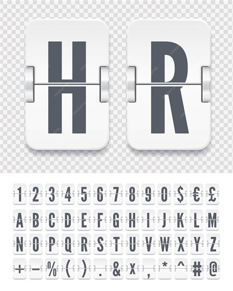 항공편 출발 목적지 또는 도착 정보 및 시간표 벡터 일러스트레이션에 대한 숫자가 있는 흰색 공항 터미널 기계적 플립 스코어보드 알파벳 글꼴 프리미엄 벡터