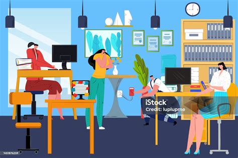 사무실 작업 루틴 벡터 일러스트레이션 만화 컴퓨터 작업에서 비즈니스 맨 여자 사람들 직장 책상에서 직원 플랫 워커 매니저 가정의
