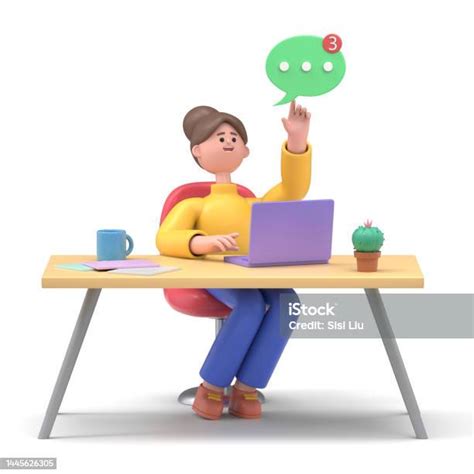 웃는 여자 안젤라의 3d 그림이 노트북을 들고 테이블에 앉아 있다 소셜 미디어 개념3d 흰색 배경에 렌더링 여자에 대한 스톡 사진 및 기타 이미지 Istock