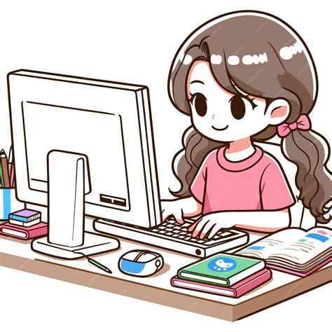 Premium Vector A Cute Girl Learning With Computer