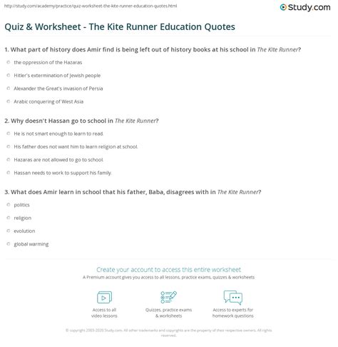 Quiz And Worksheet The Kite Runner Education Quotes