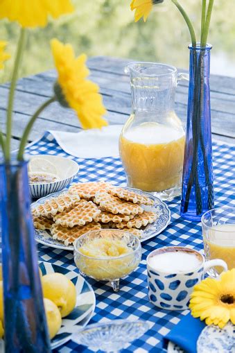 나무 부두에 연못 옆에 자연에 피크닉 블루 골드 칼 세라믹 플레이트 체크 무늬 식탁보 바벨 레모네이드 및 과일디저트의 우아한 서빙 가족이나 커플을위한 여름 휴가 0명에 대한