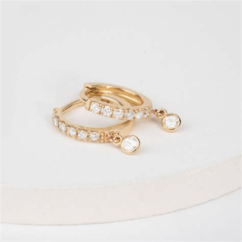 Solid Gold Diamond Drop Hoop Earrings Handmade Jewelry