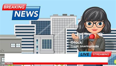 마이크를 가진 뉴스 기자의 벡터 일러스트 레이 션 도시 풍경을 배경으로 대담한 색상과 깔끔한 선을 특징으로 합니다 고객 참여에 대한 스톡 벡터 아트 및 기타 이미지 Istock