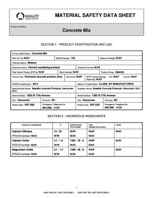 Fillable Online MATERIAL SAFETY DATA SHEET Product Identifier Concrete Mix SECTION PRODUCT