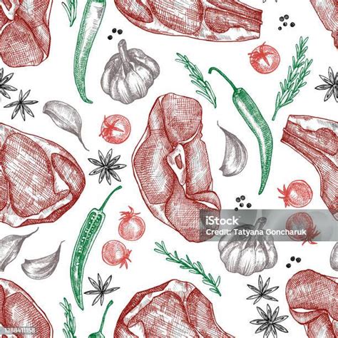 복고풍 스타일의 그래픽 드로잉 매끄러운 패턴 고기 제품을 요리 빈티지 스타일의 스테이크 쇠고기 돼지 고기 향신료와 야채 세피아