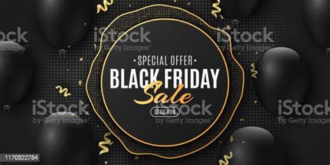 블랙 프라이데이 판매를위한 추상 기하학적 배너 비행 색종이와 뱀 검은 색 풍선입니다 글자 어두운 배경과 하프 톤 효과 계절별 쇼핑 벡터 그림입니다 Eps 10 블랙