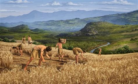Peasant Farmers In A Grain Field Ancient Village On The Distant Hill
