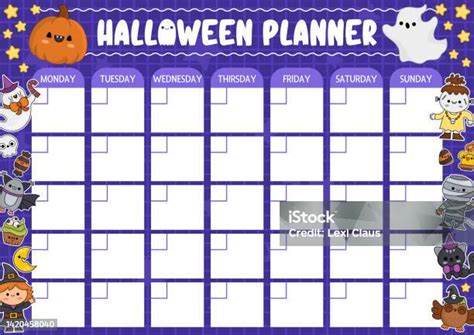 전통적인 휴일 기호가있는 벡터 할로윈 월간 플래너 귀여운 가을 모든 성도의 날 달력 또는 아이들을위한 시간표 무서운 트릭 또는 귀여운 카와이 마녀 뱀파이어 유령으로 포스터를