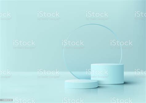 3d 현실적인 파란색 연단 스탠드 Gtransparency 유리 원형 배경 부드러운 파란색 배경에 최소 벽 장면 3차원 형태에 대한 스톡 벡터 아트 및 기타 이미지 Istock