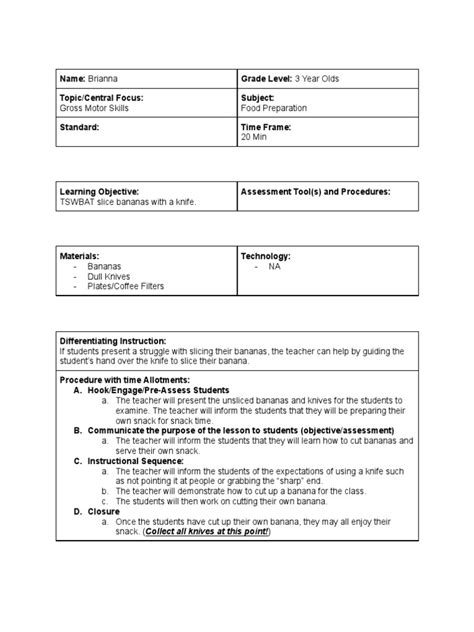 3 Year Old Lesson Plan Banana Snack Gross Motor Skills Pdf