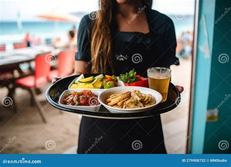Waitress Carrying A Tray With Tasty Looking Food In Outdoor Restauran