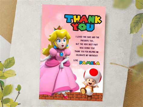 Princess Peach Digital Thank You Card Toad Party Card Princess Favor Card Peach Birthday