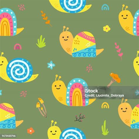 달팽이 무지개 버섯 꽃과 원활한 패턴입니다 직물 포장지 어린이 의류 섬유 벽지에 대 한 창조적 인 숲 질감 벡터 그림입니다 곤충에 대한 스톡 벡터 아트 및 기타 이미지