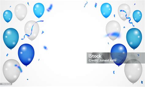 블루 컬러 풍선 배경과 축하 파티 배너입니다 결혼식과 생일 벡터 일러스트 레이 션 검은색에 대한 스톡 벡터 아트 및 기타 이미지