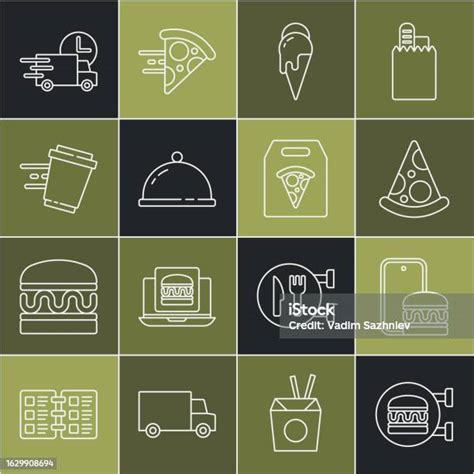 세트 라인 온라인 주문 햄버거 배달 피자 조각 아이스크림 트레이 음식으로 덮여 커피 컵 자동차와 아이콘으로 금식 벡터 가리기에