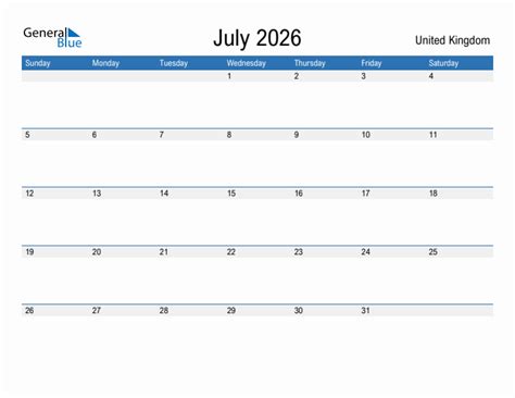 July 2026 Monthly Calendar With United Kingdom Holidays