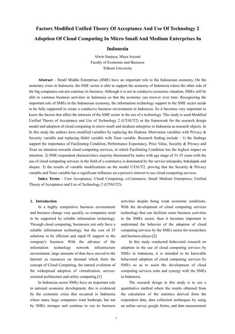 Pdf Factors Modified Unified Theory Of Acceptance And Use Of Technology 2 Adoption Of Cloud